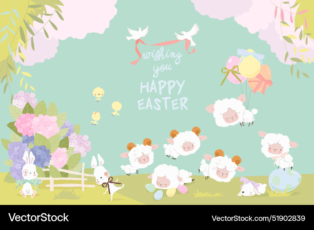 Cute cartoon lambs and bunnies celebrating easter Vector Image