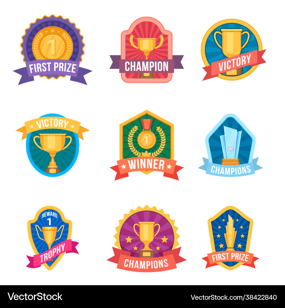 Champion emblems trophy cups and medals on award Vector Image