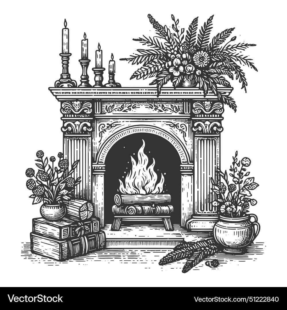 Classic fireplace engraving Royalty Free Vector Image
