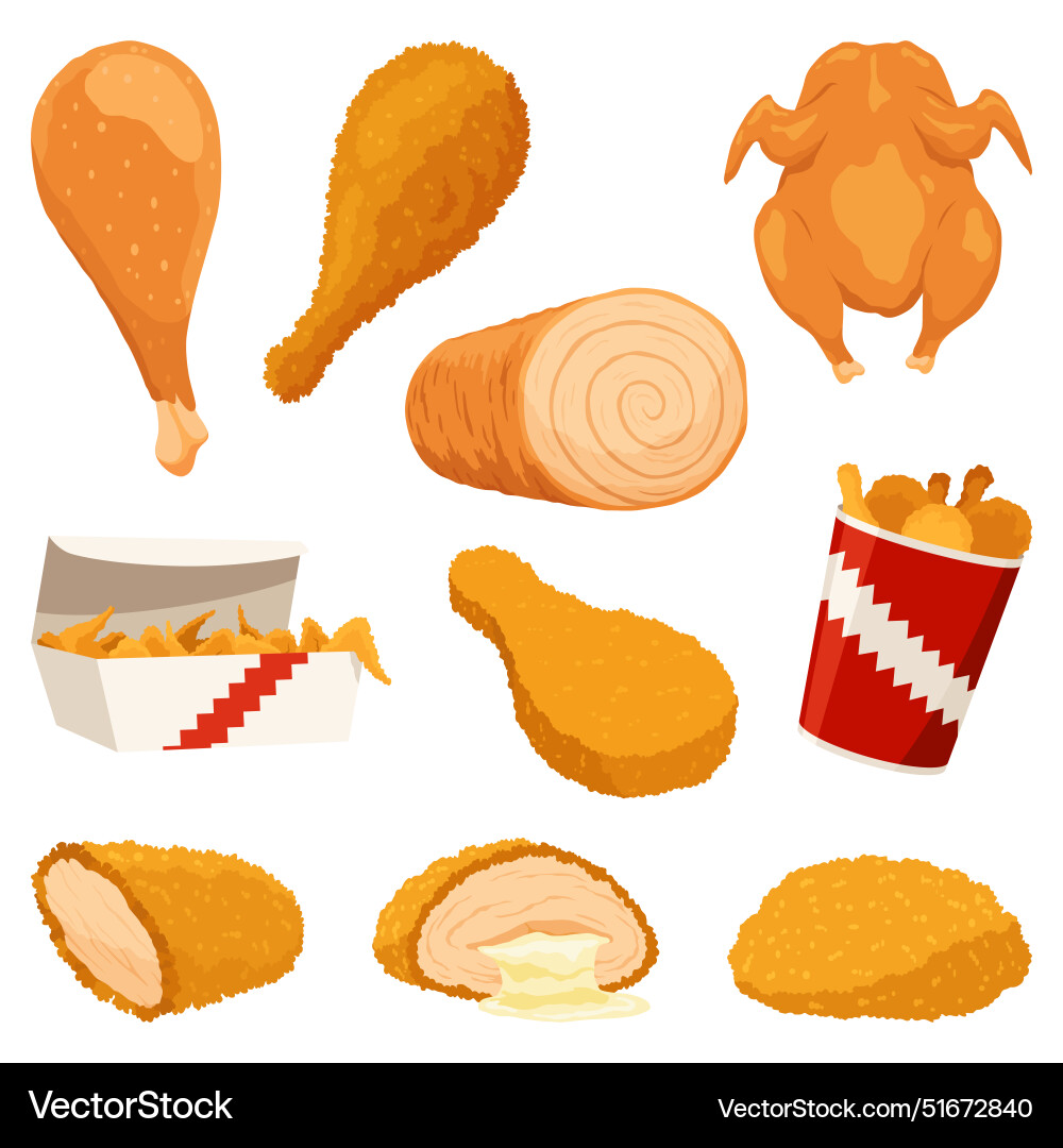 Fried chicken set crispy pieces Royalty Free Vector Image
