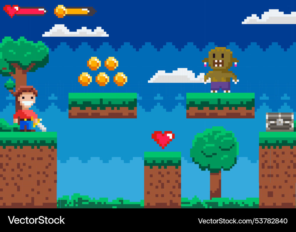 Retro pixel art adventure game scene with coins Vector Image