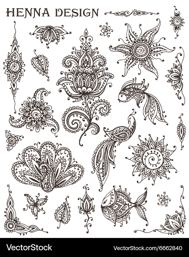 Set of henna floral and animal elements based Vector Image