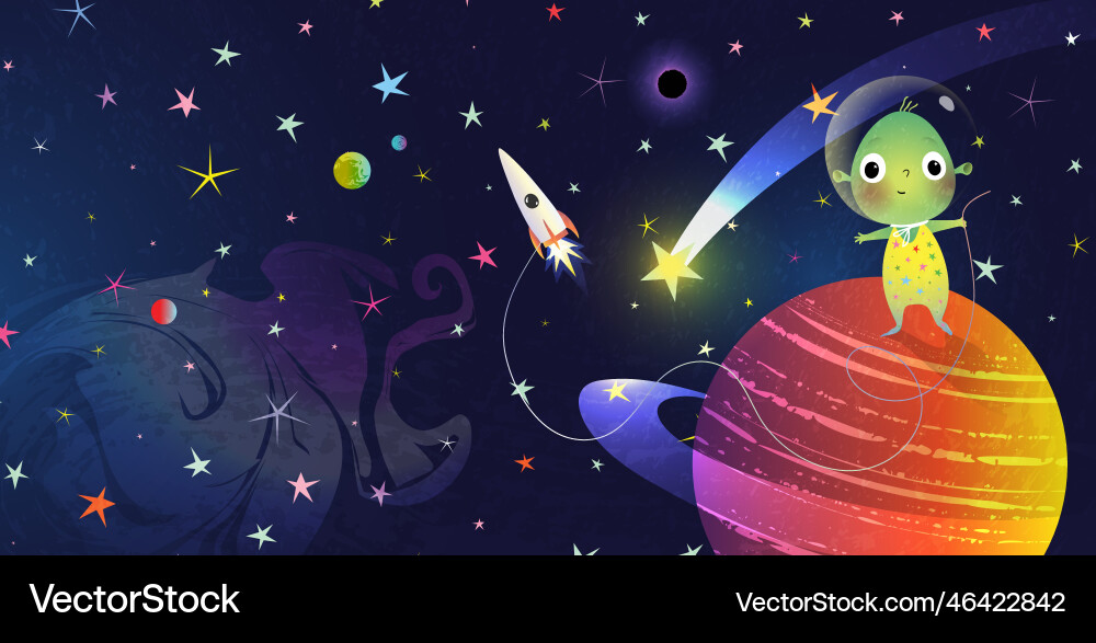 Baby alien in starry outer space with rocket ship Vector Image