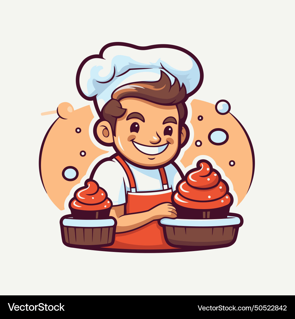Cute cartoon boy chef with cupcakes Royalty Free Vector