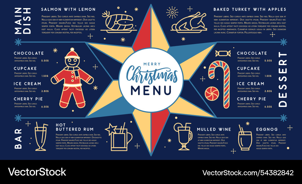 Holiday line art christmas menu design Royalty Free Vector