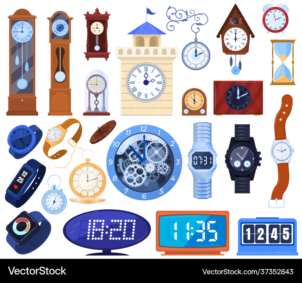 Big set clocks watch exact time collection Vector Image