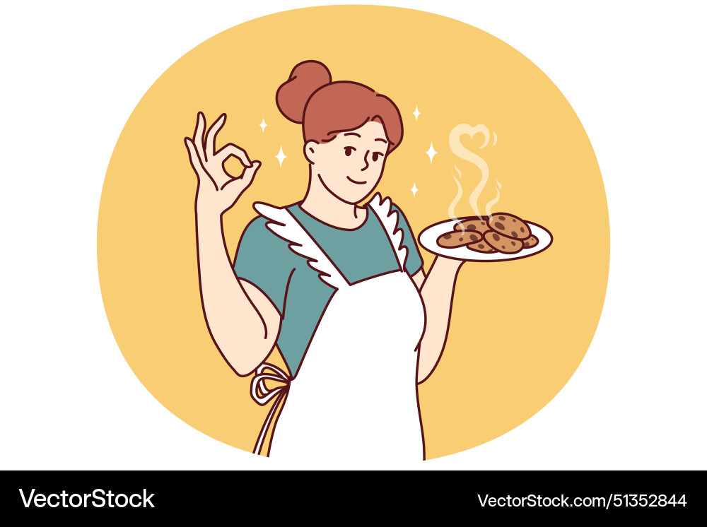 Smiling housewife in kitchen apron preparing Vector Image