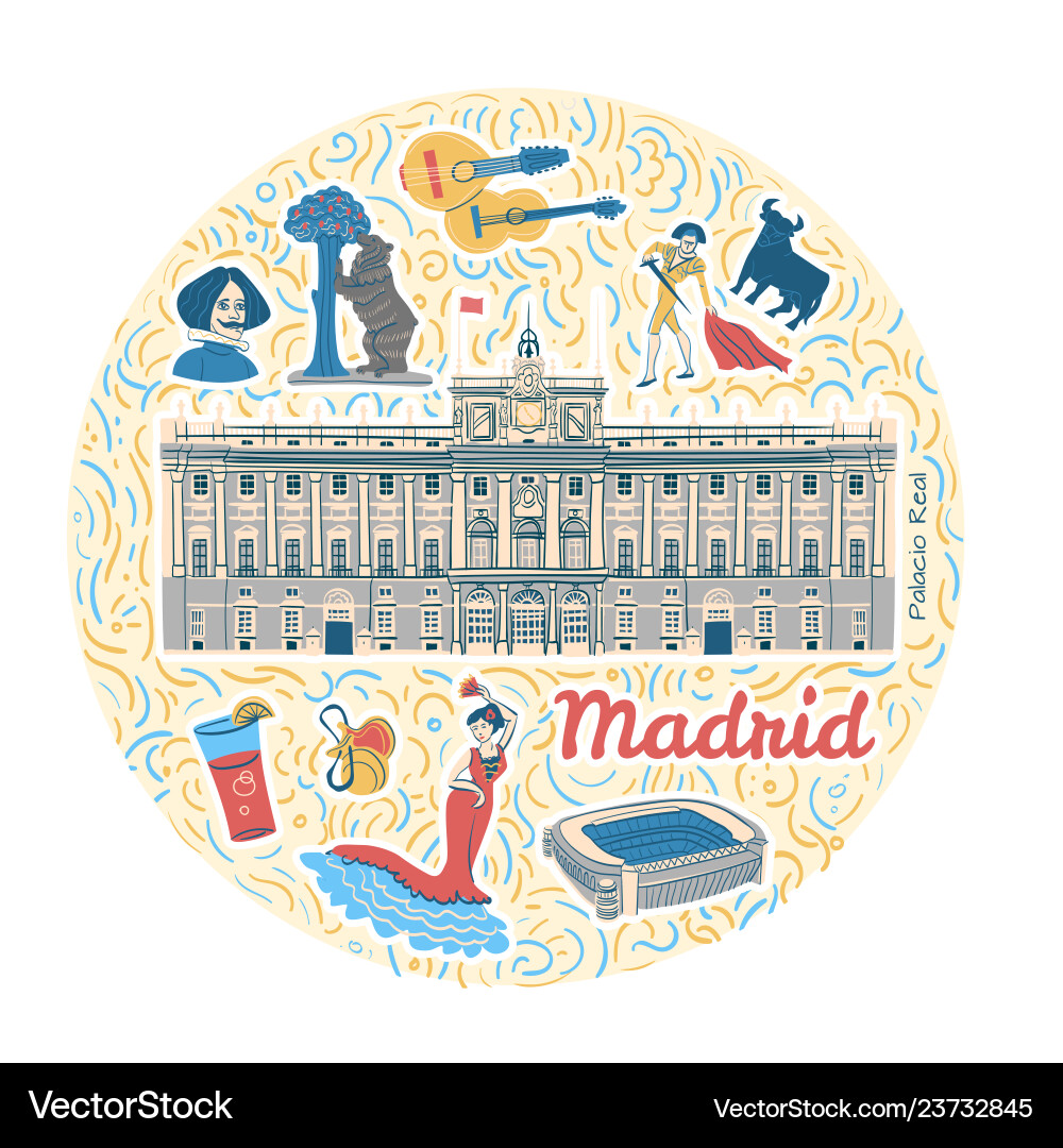 Royal palace and madrid landmarks Royalty Free Vector Image