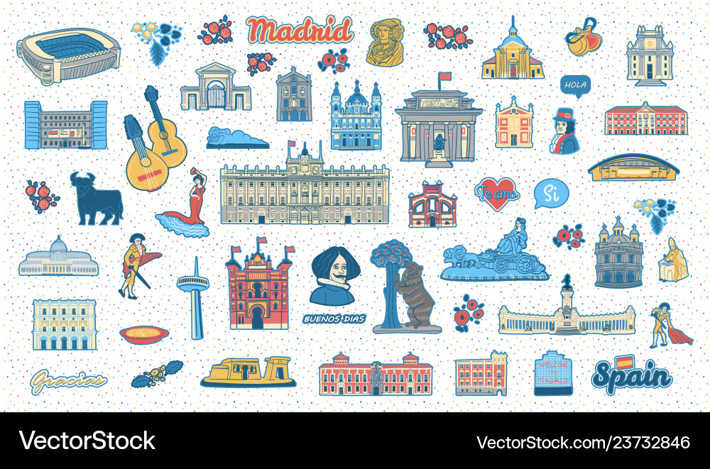 Madrid inspired landmarks and symbols set Vector Image