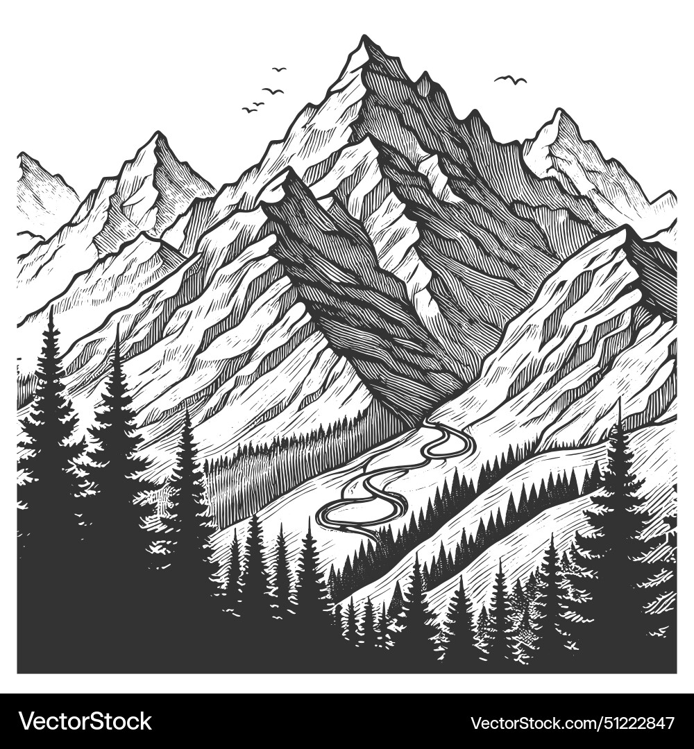 Mountain route with forest engraving Royalty Free Vector