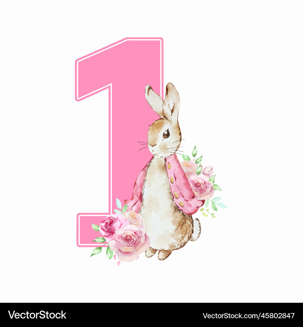 Watercolor peter rabbit first birthday Royalty Free Vector