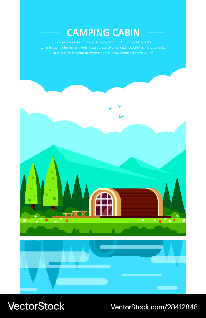 Camping cabin banner design flat style Royalty Free Vector