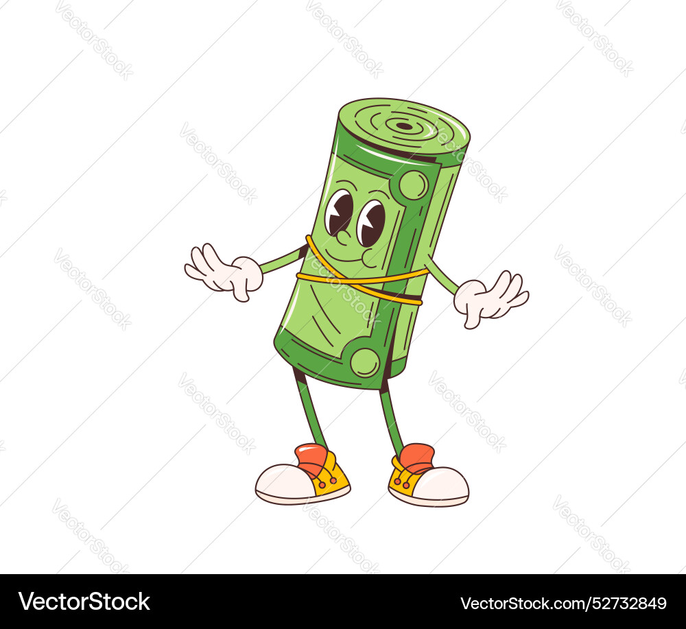 Cartoon retro groovy rolled banknote character Vector Image