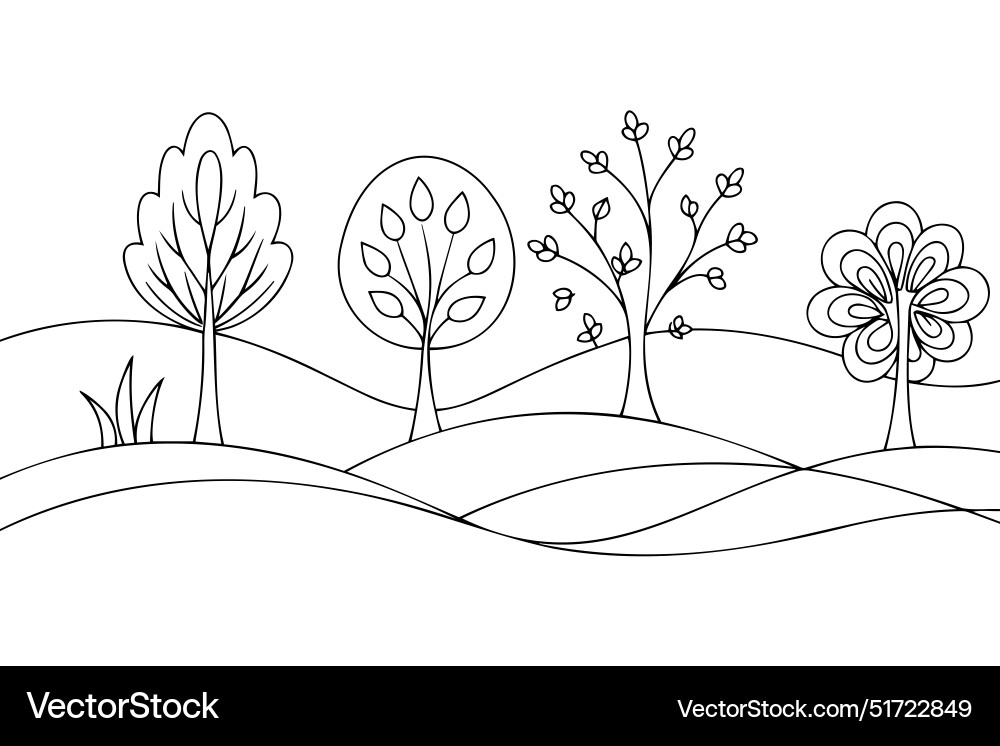 Spring landscape with big tree continuous line art