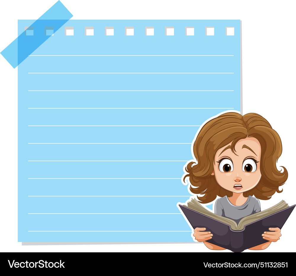 Cartoon girl reading book with large notepad Vector Image