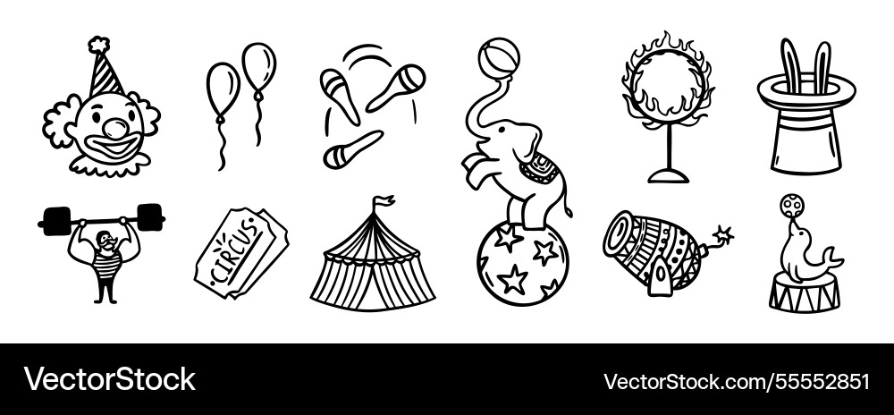 Circus doodle hand drawn icon set outline drawing Vector Image