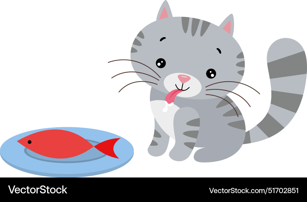 Hungry cat eating red fish Royalty Free Vector Image