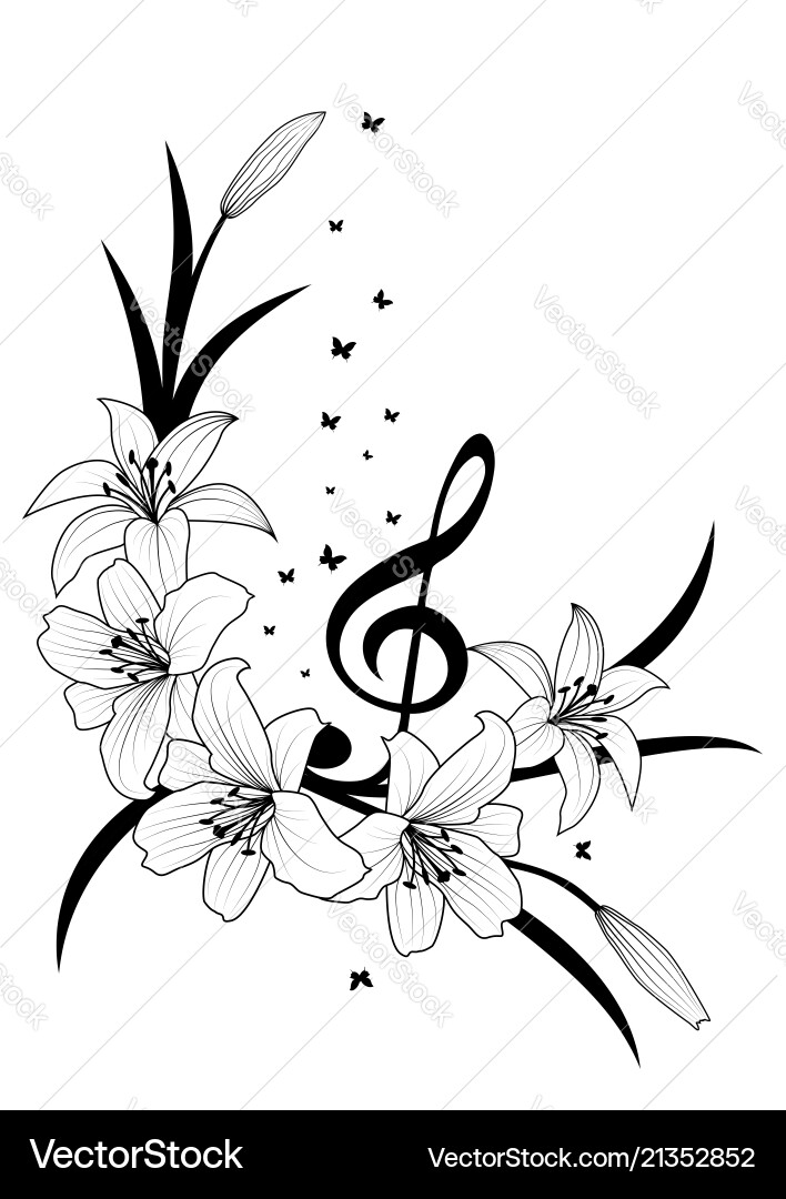 Lily treble clef and butterflies Royalty Free Vector Image