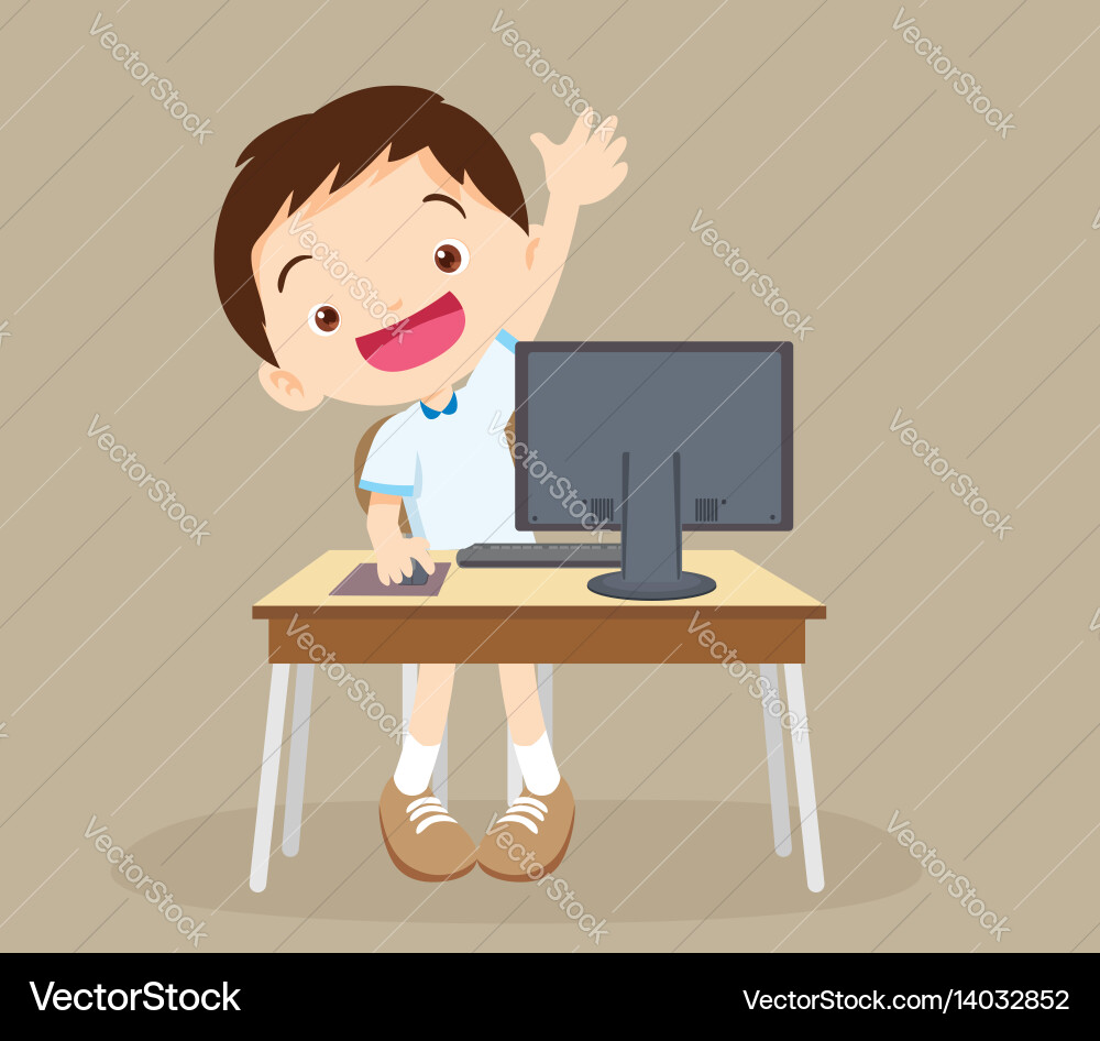 Student boy learning computer hand up Royalty Free Vector