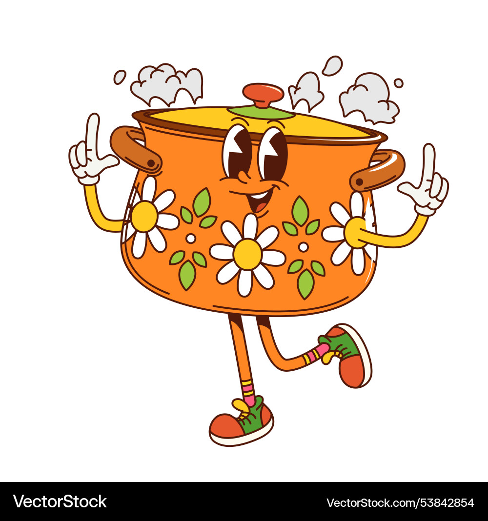 Cartoon groovy kitchen pot character or saucepan Vector Image