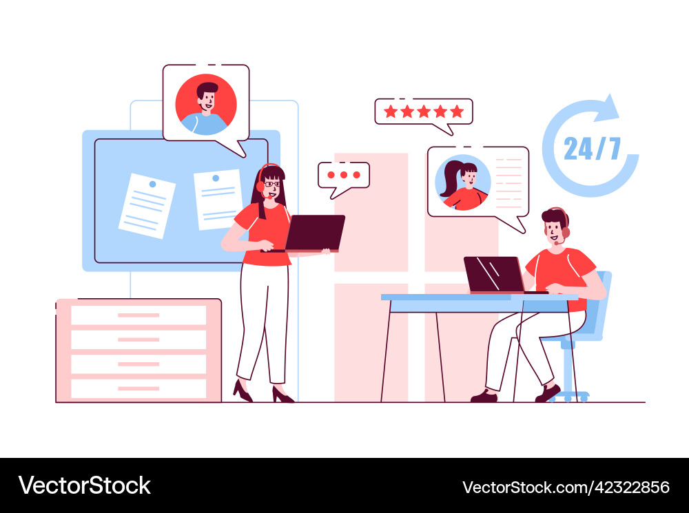 Call center concept in flat line design Royalty Free Vector