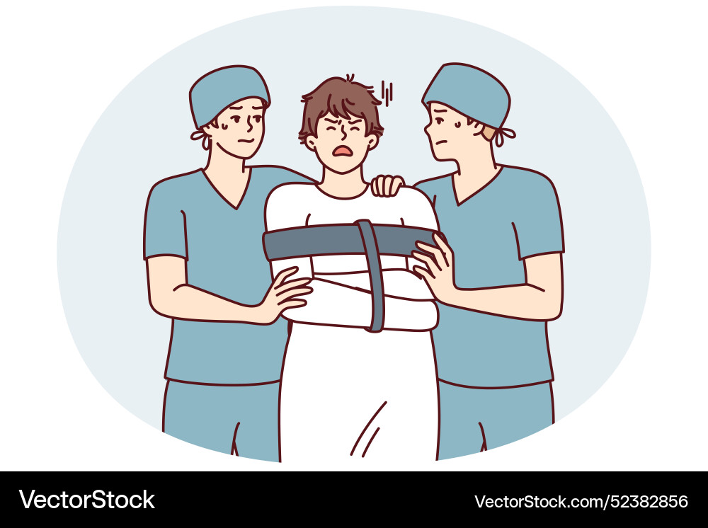 Two orderlies lead crazy man in straitjacket Vector Image