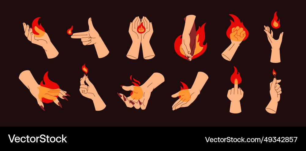 Burning fire in hands set holding hot glowing Vector Image