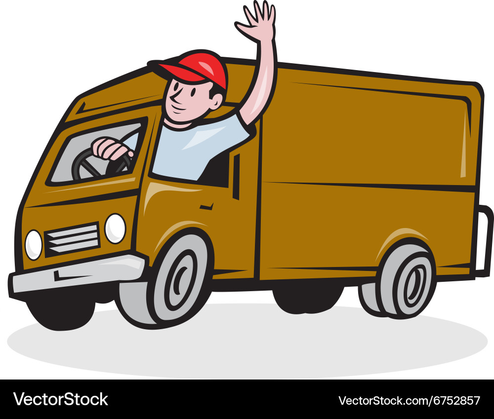 Delivery man waving driving van cartoon Royalty Free Vector