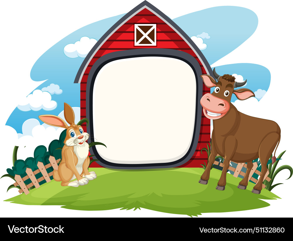 Cartoon cow and rabbit beside a barn frame Vector Image