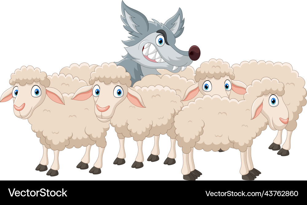 Cartoon wolf with sheep flock Royalty Free Vector Image