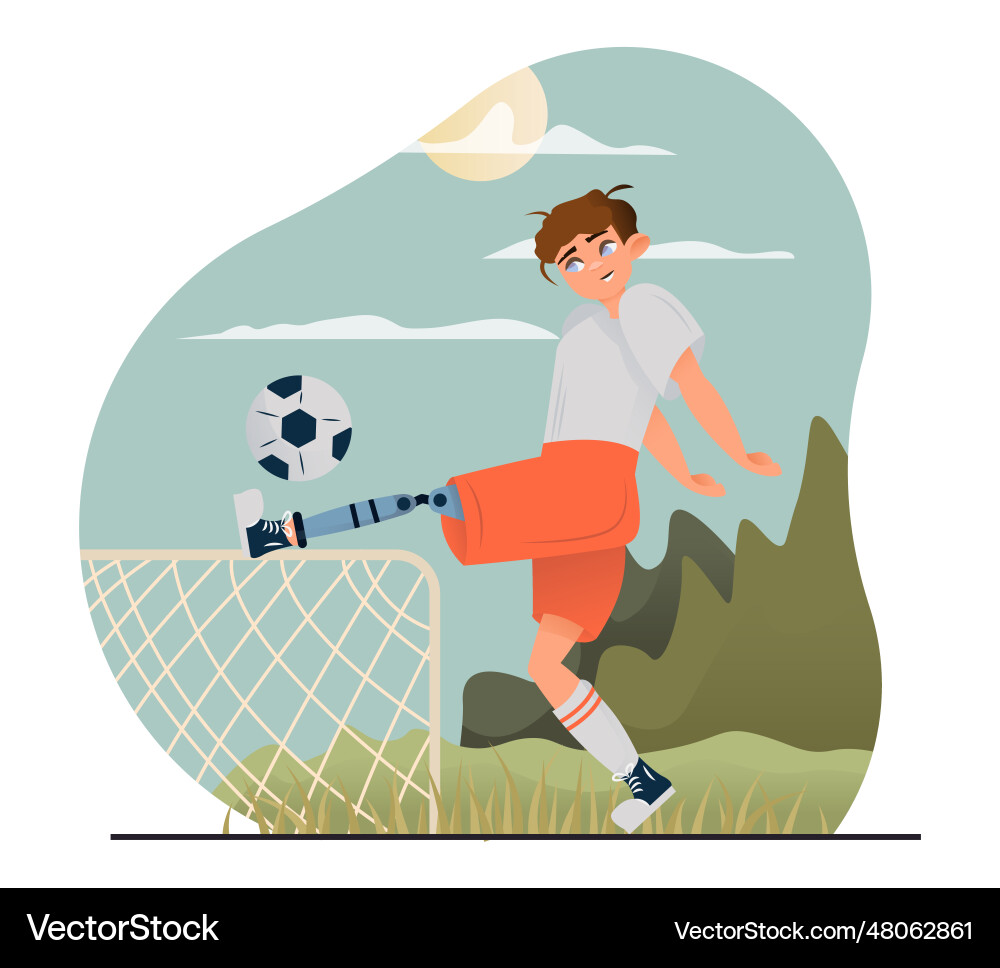 Boy with prosthetic leg playing football healing Vector Image