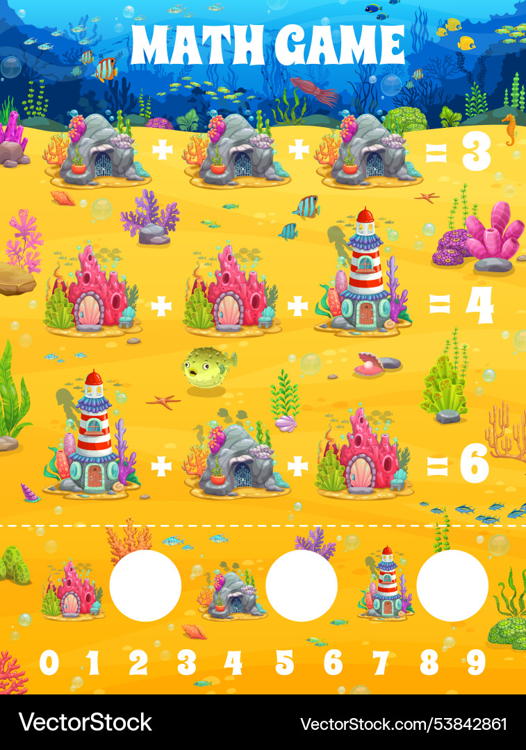 Kids education math game with underwater houses Vector Image