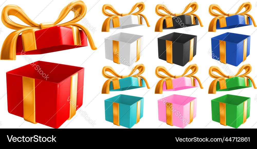 Multicolored open gift boxes with golden bow set Vector Image