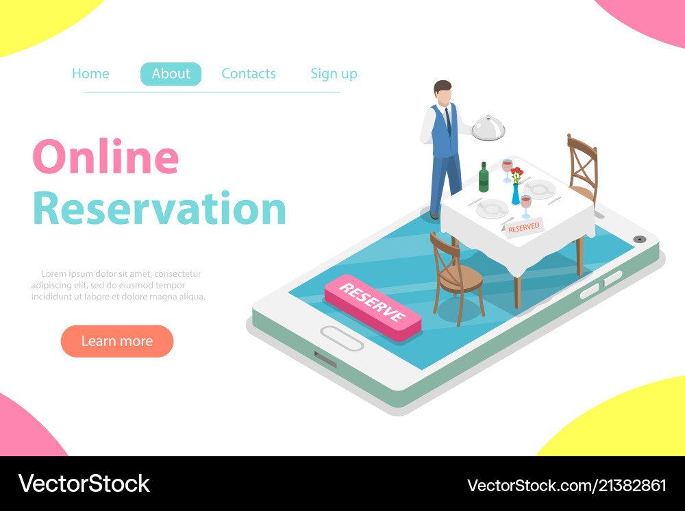 Table online reservation flat isometric Royalty Free Vector
