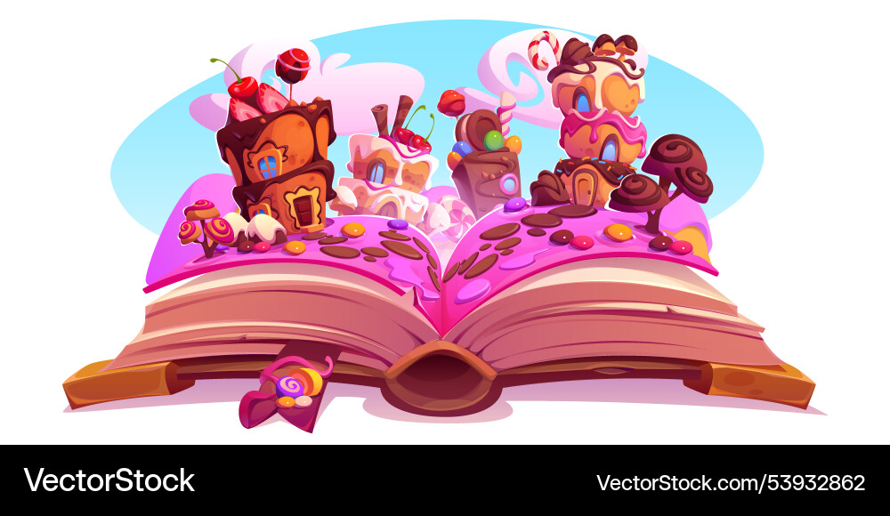 Open paper book with candy land Royalty Free Vector Image