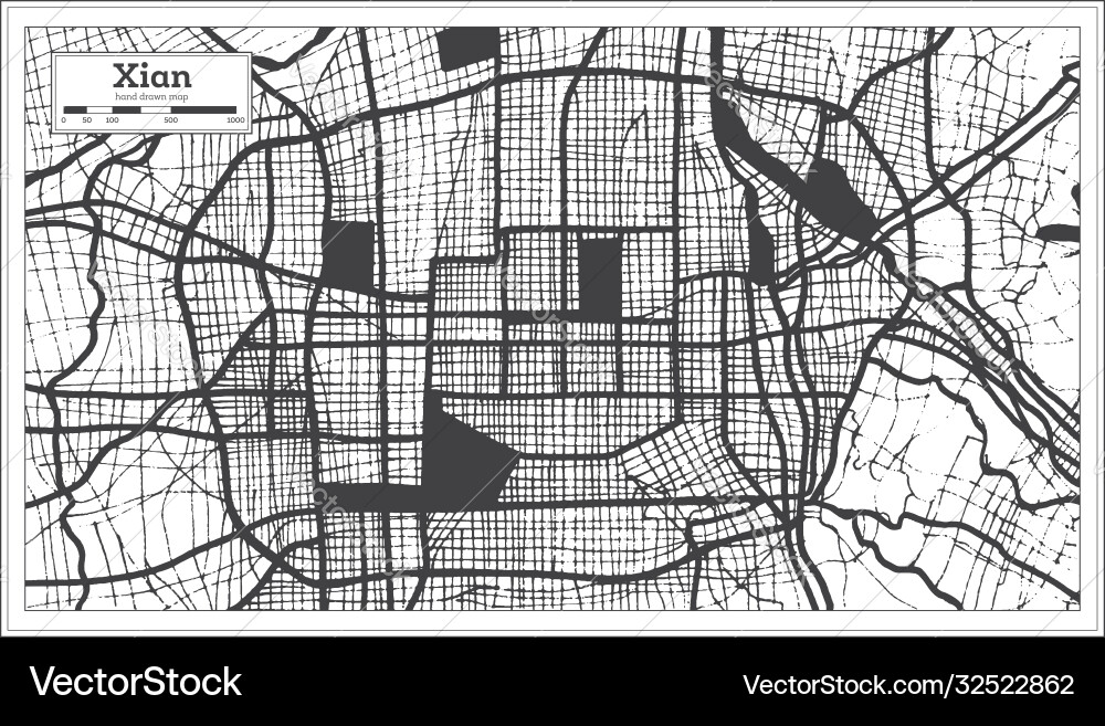 Xian City Map - Retro Style Royalty Free Vector Image