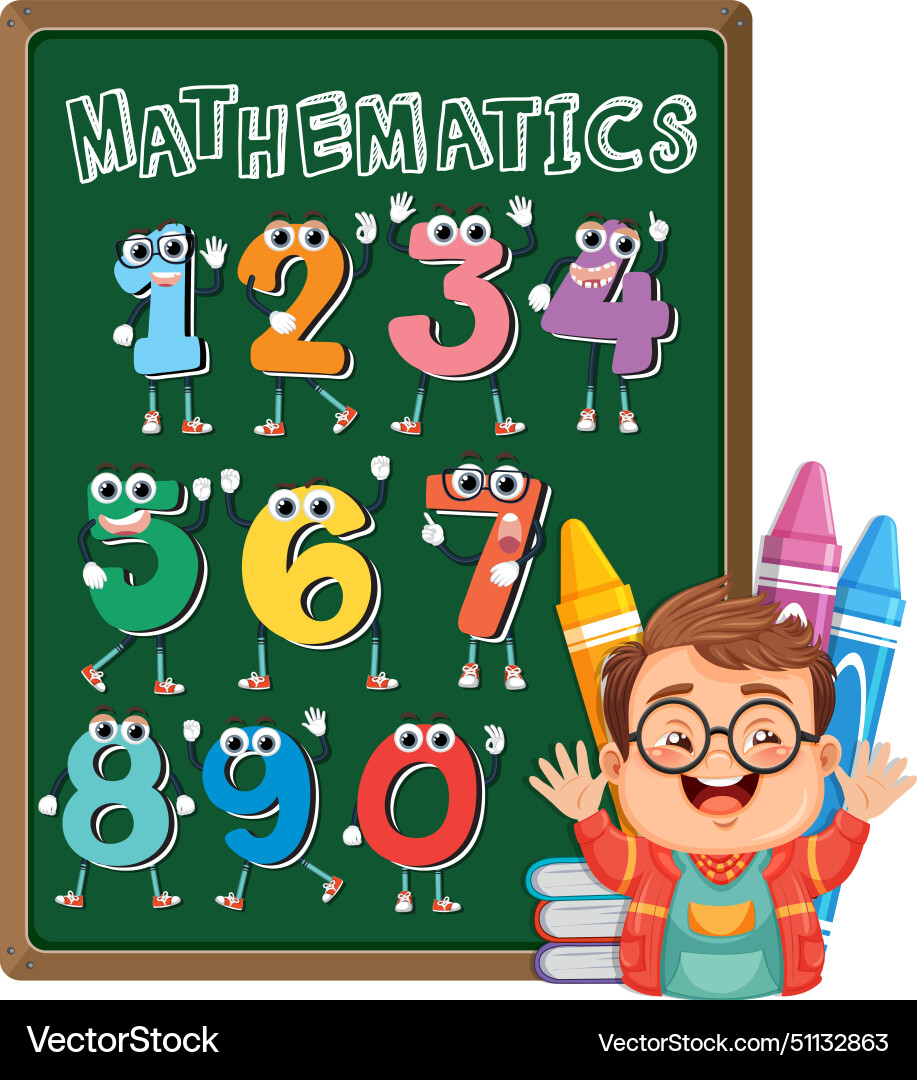 Cartoon boy with animated numbers on chalkboard Vector Image
