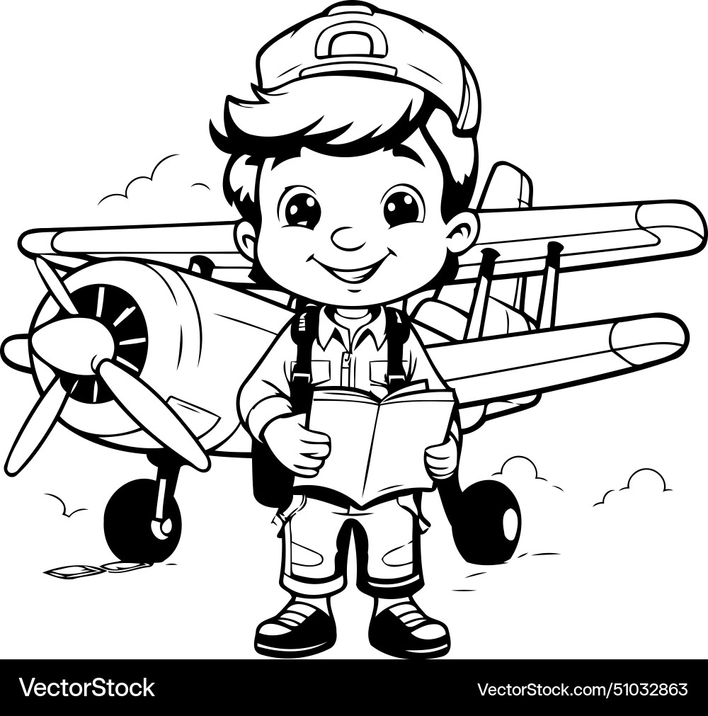 Cartoon pilot with a plane on white background Vector Image