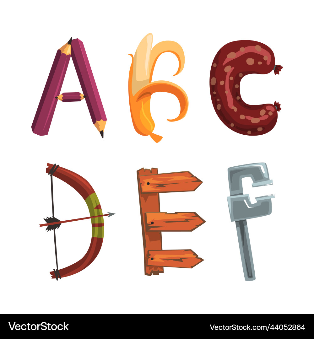 Alphabet with various objects abcdef Royalty Free Vector