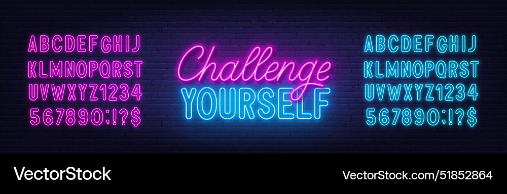 Challenge yourself neon lettering on brick wall Vector Image