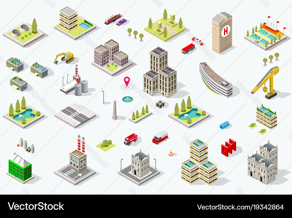 Isometric City Buildings Set Royalty Free Vector Image