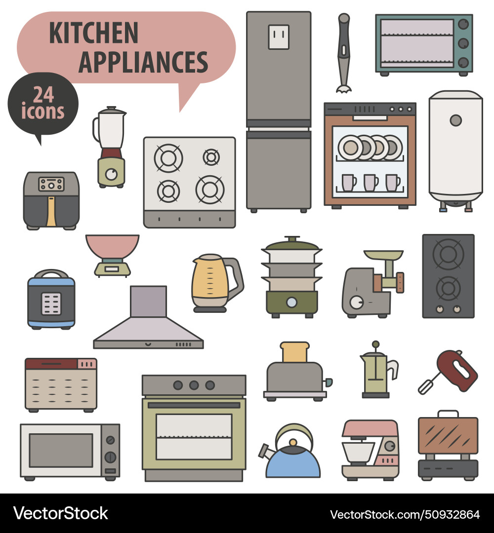Kitchen appliances colored icons with stroke Vector Image