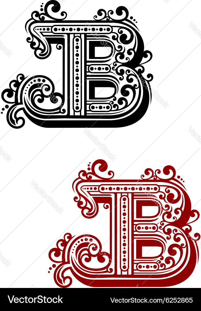 Letter b with calligraphic swirls and dot ornament