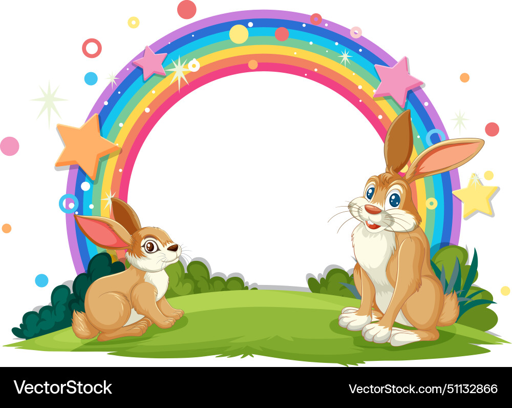 Two cartoon rabbits under a colorful rainbow arch Vector Image