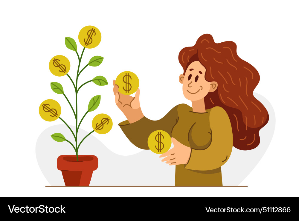 Young woman has a pot with money tree concept Vector Image