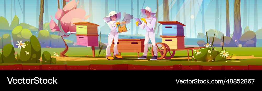 Beekeeper in forest farm near tree 2d landscape Vector Image