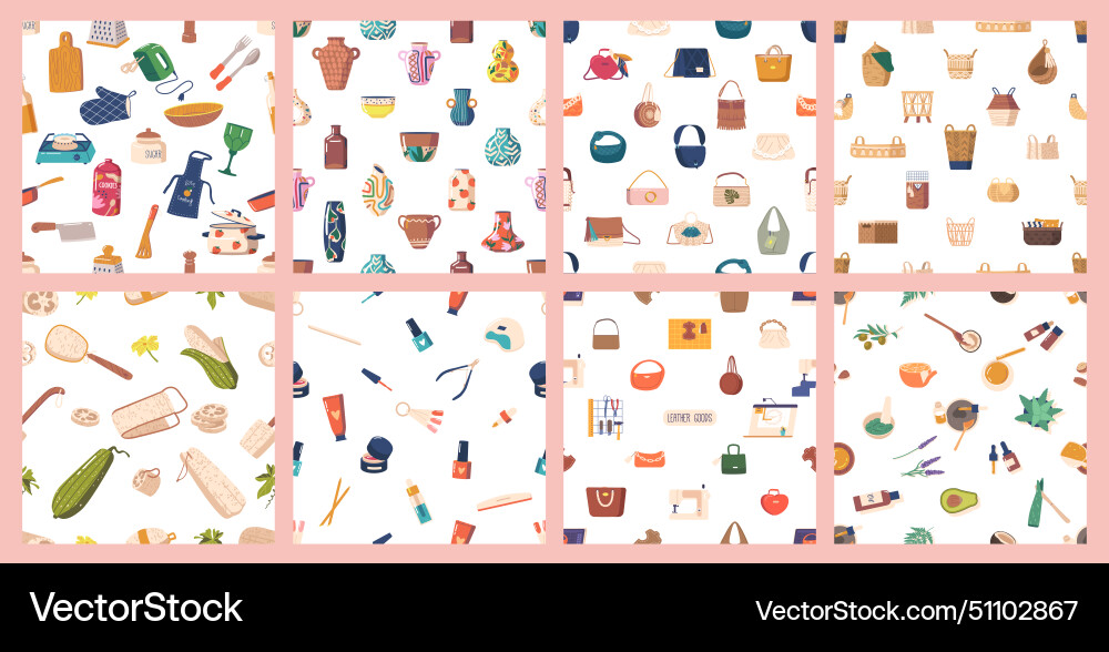 Seamless patterns set with kitchen utensils vases Vector Image