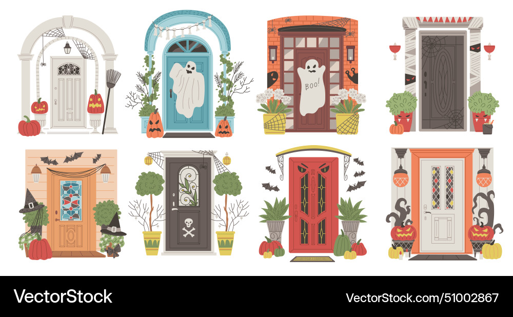 Spooky decorated door set for halloween Royalty Free Vector