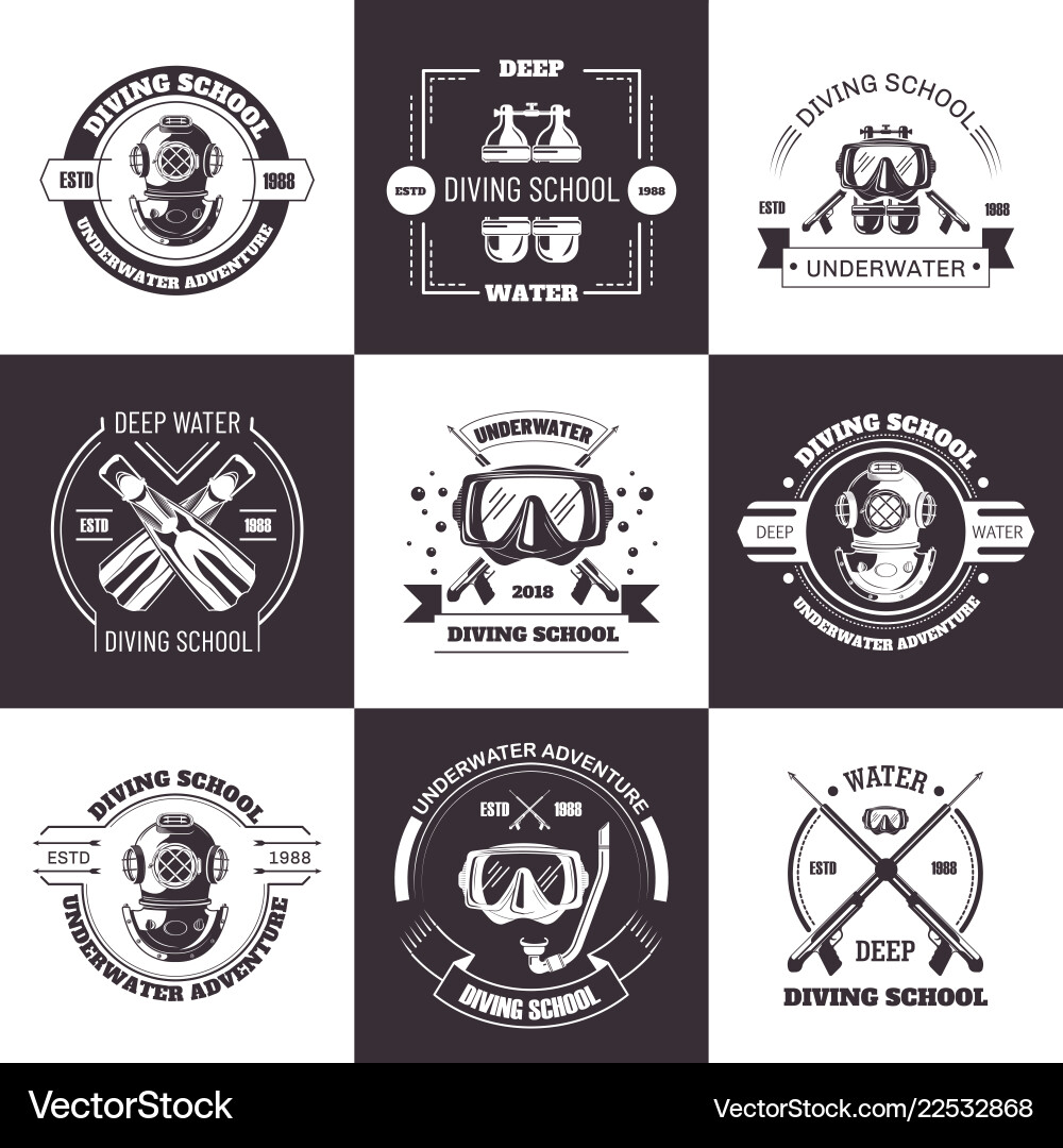 Diving school deep water promo monochrome emblems Vector Image