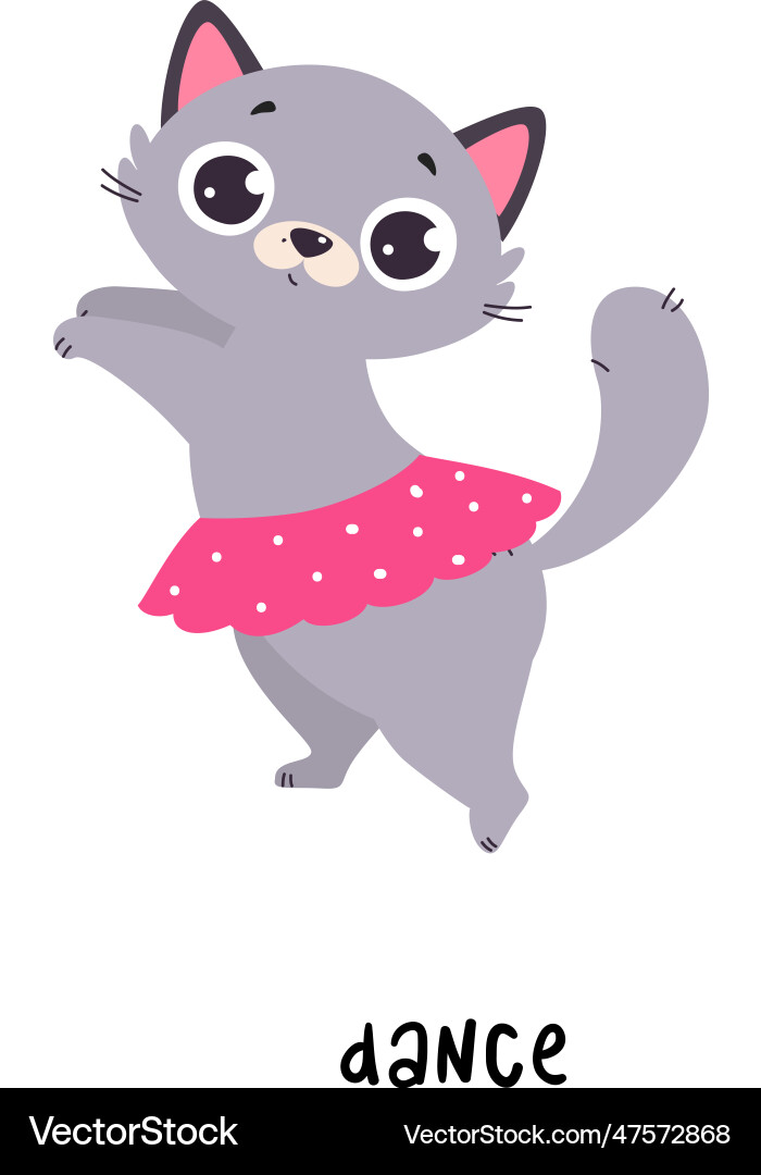 Funny grey cat dancing as english verb Royalty Free Vector